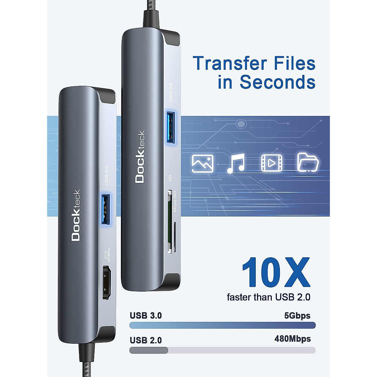 USB C Hub Multiport Adapter, dockteck 5-in-1 USB-C Hub with 4K 30Hz HDMI, SD/TF Card Slots, 2* USB 3.0 5Gbps Data Ports, for MacBook Pro, MacBook Air, iPad Pro, XPS