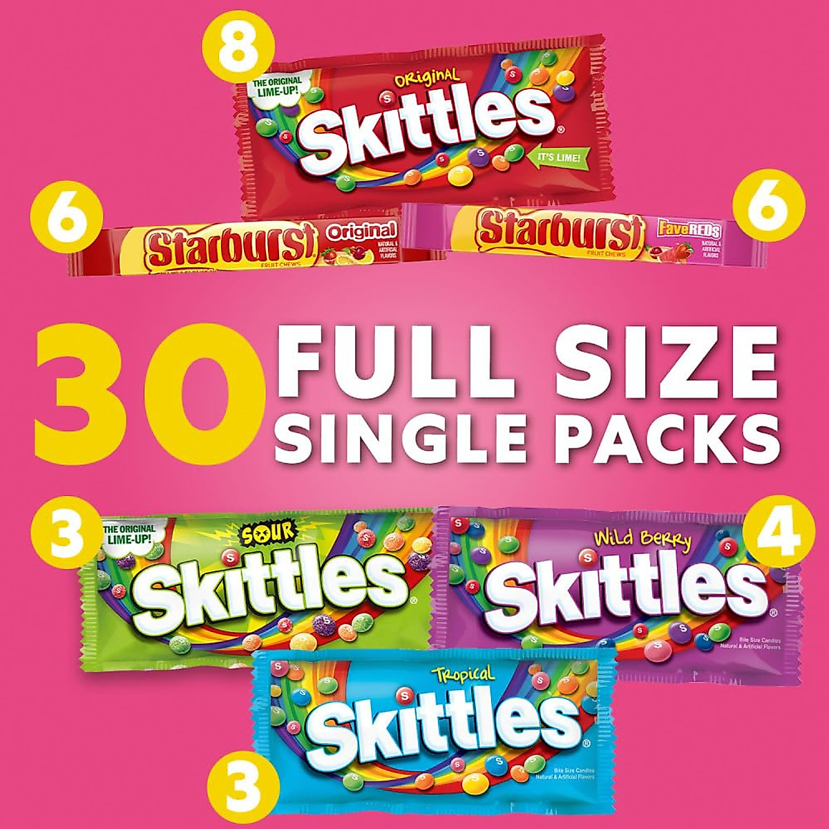 SKITTLES & STARBURST Variety Pack Full Size Chewy Candy Assortment, 62.79 oz, 30 Count