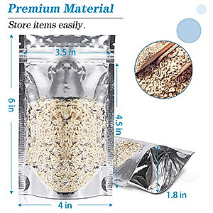 200 Pack - 4"x6" Stand Up Clear Silver Reclosable Mylar Bags for Food Storage, 7.8-mil Aluminum Foil Packaging, Plastic Zipper Food Coffee Candy Storage, Foil Grip Seal Zip Lock Wrap Smell Proof Bags
