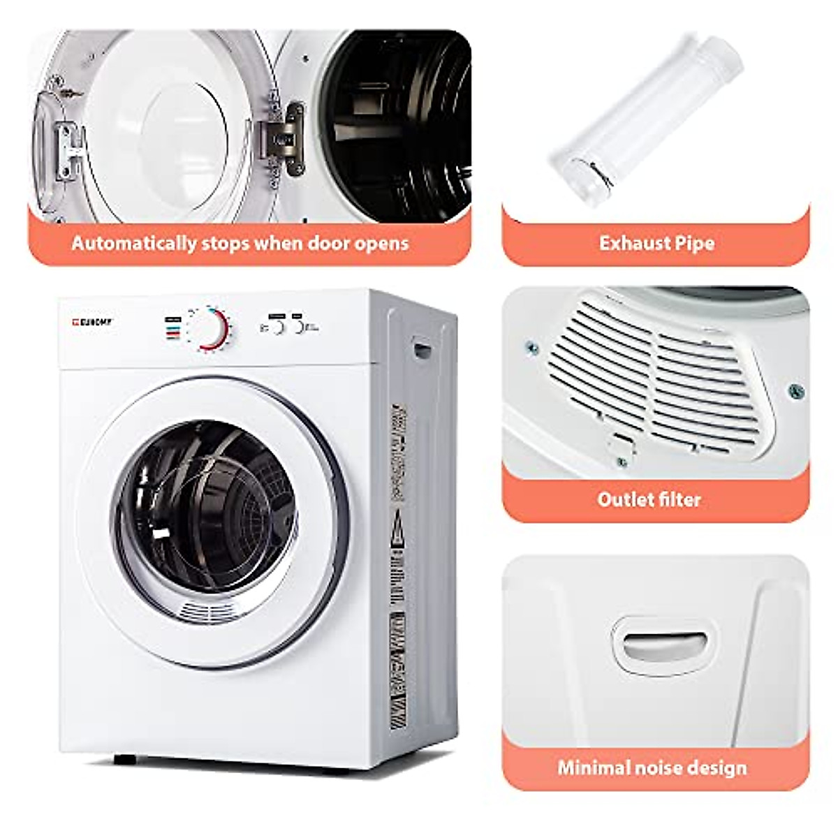 Euhomy Compact Dryer 1.8 cu. ft. Portable Clothes Dryers with Exhaust Duct with Stainless Steel Liner Four Function Small Dryer Machine, Suitable for Apartments, Dorm, RVs, White