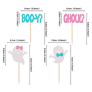Ercadio 24 Pack Boo-y or Ghoul Cupcake Toppers Glitter Halloween Ghost Cupcake Picks Boy or Girl Cupcake Toppers Baby Shower Birthday Halloween Themed Gender Reveal Cake Decorations Supplies