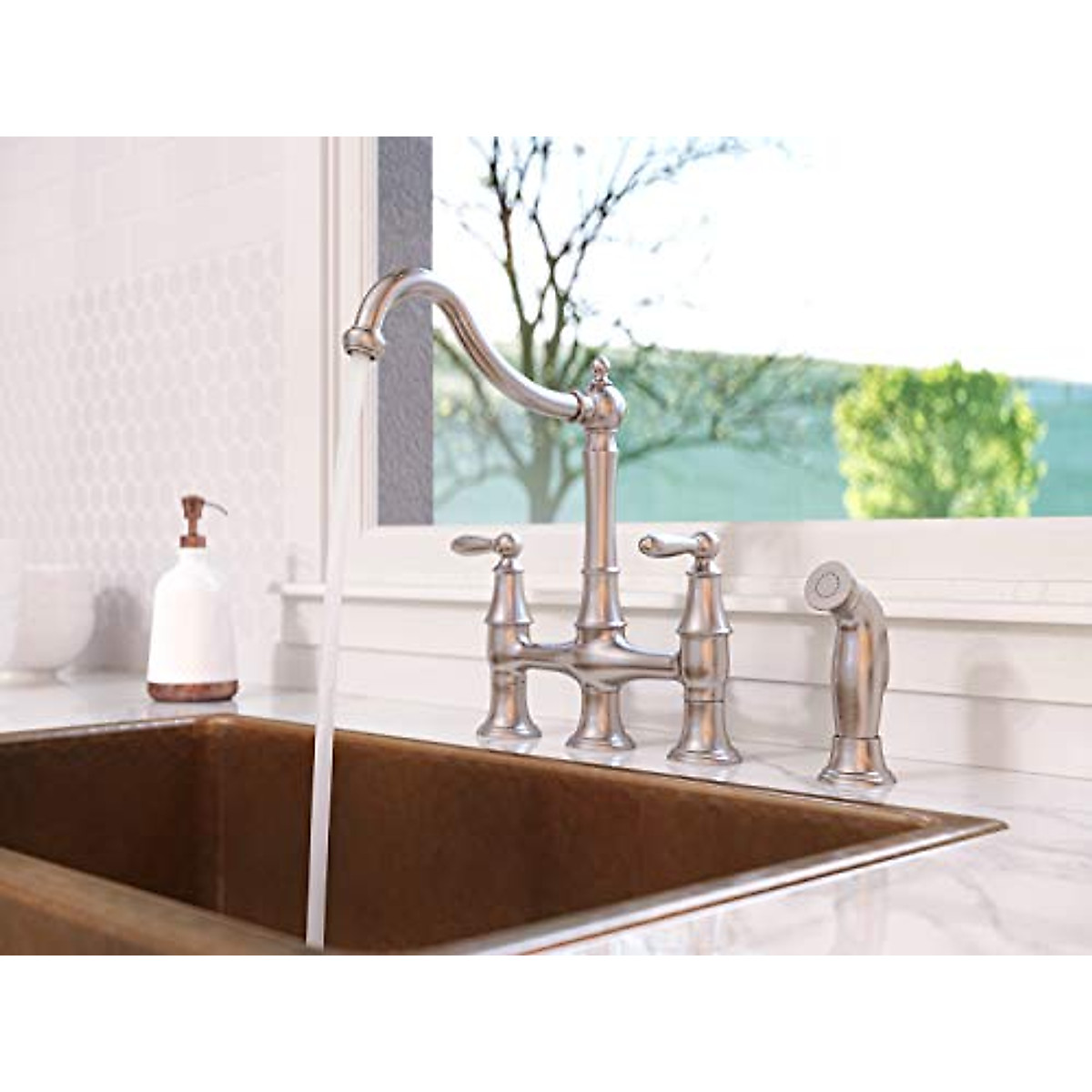 Pfister Courant Kitchen Faucet with Side Sprayer, 2-Handle, High Arc, Stainless Steel Finish, F0314COS