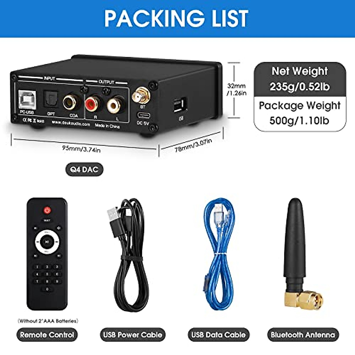 Nobsound Q4 USB Audio Gaming DAC Converter Mini Bluetooth Headphone Amp Amplifier for PC/PS5/Computer with Optical Input 24-Bit 192 KHz & Treble Bass Control & Remote