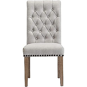 BTEXPERT BB5107GR-2 High Back Tufted Parsons Upholstered Dining Room Chairs Side Solid Wood-Accent Nail Trim, Gray Linen Fabric - Set of 2