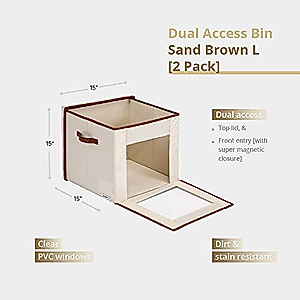 Foldable Clothes Storage Bag Organizer Dual Access Magnetic Bins Strong Handle Quality Fabric for Collapsible Closet Boxes Under the Bed Linen Bedding Blankets 2 Pack (Sand Brown, Large)