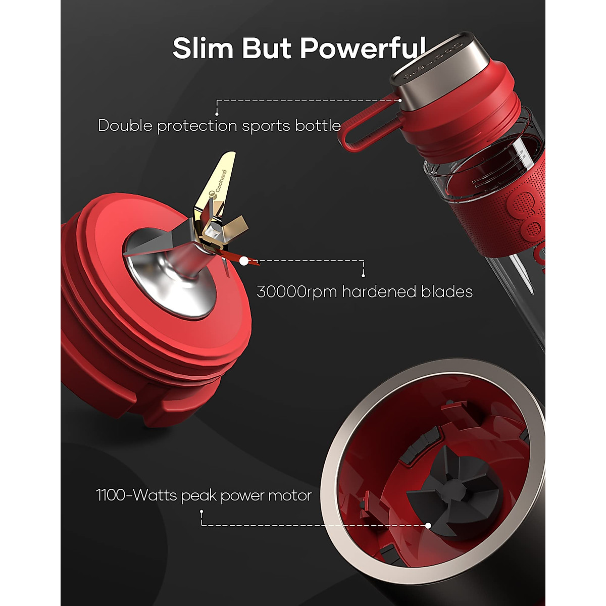 Cocinare 1100W Personal Blender for Shakes & Smoothies, Portable with 6 Titanium Blades, 16 Oz To-Go Sports Bottle, 500+ Online Recipes, Ideal for Kitchen, Frozen Fruit, Ice, Nuts (Red)