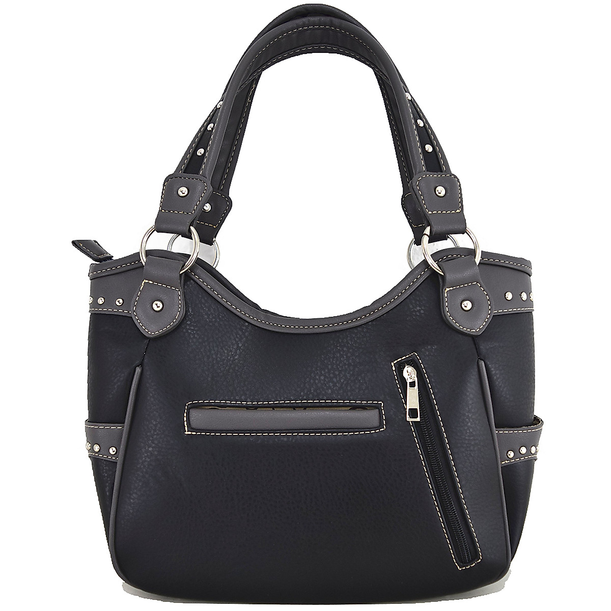 Western Style Rhinestone Cross Tote Concealed Carry Purse Laser Cut Handbag Women Shoulder Bag Wallet Set (Black/Gray Set)