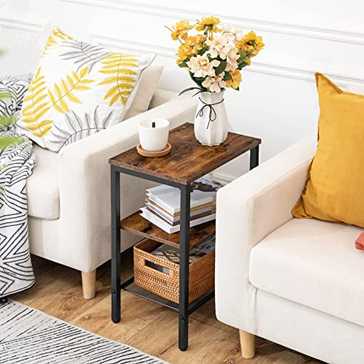 HOOBRO Nightstands Set of 2, 3-Tier Side Table with Adjustable Shelf, Industrial End Table for Small Space in Living Room, Bedroom and Balcony, Stable Metal Frame, Rustic Brown BF12BZ01