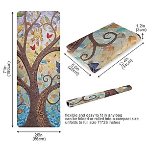 GOODOLD Mosaic Art Tree Yoga Mat, 71 x 26 Inch Non-slip Yoga Mats Folding Travel Exercise Mat Indoor Outdoor Gym Pilates with Storage Bag for Women Men