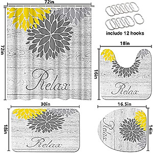 DuoBaorom 4 Pieces Set Yellow Grey Flower Shower Curtain Set Dahlia Floral Relax Sign Picture Print on Non-Slip Rugs Toilet Lid Cover Bath Mat and Bathroom Curtain with 12 Hooks 72x72inch