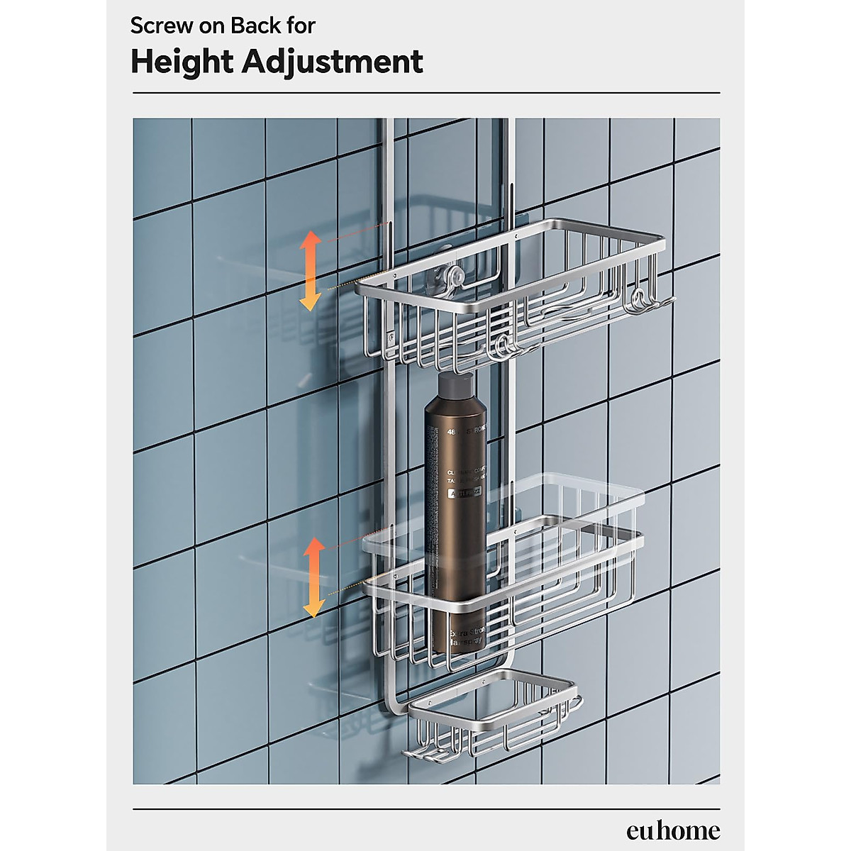 Adjustable Shower Caddy Hanging, EUHOME Never Rust Shower Organizer, Aluminum 3-Tier Large Capacity Shower Caddy Over Showerhead with Hooks, Soap/Razor Holder