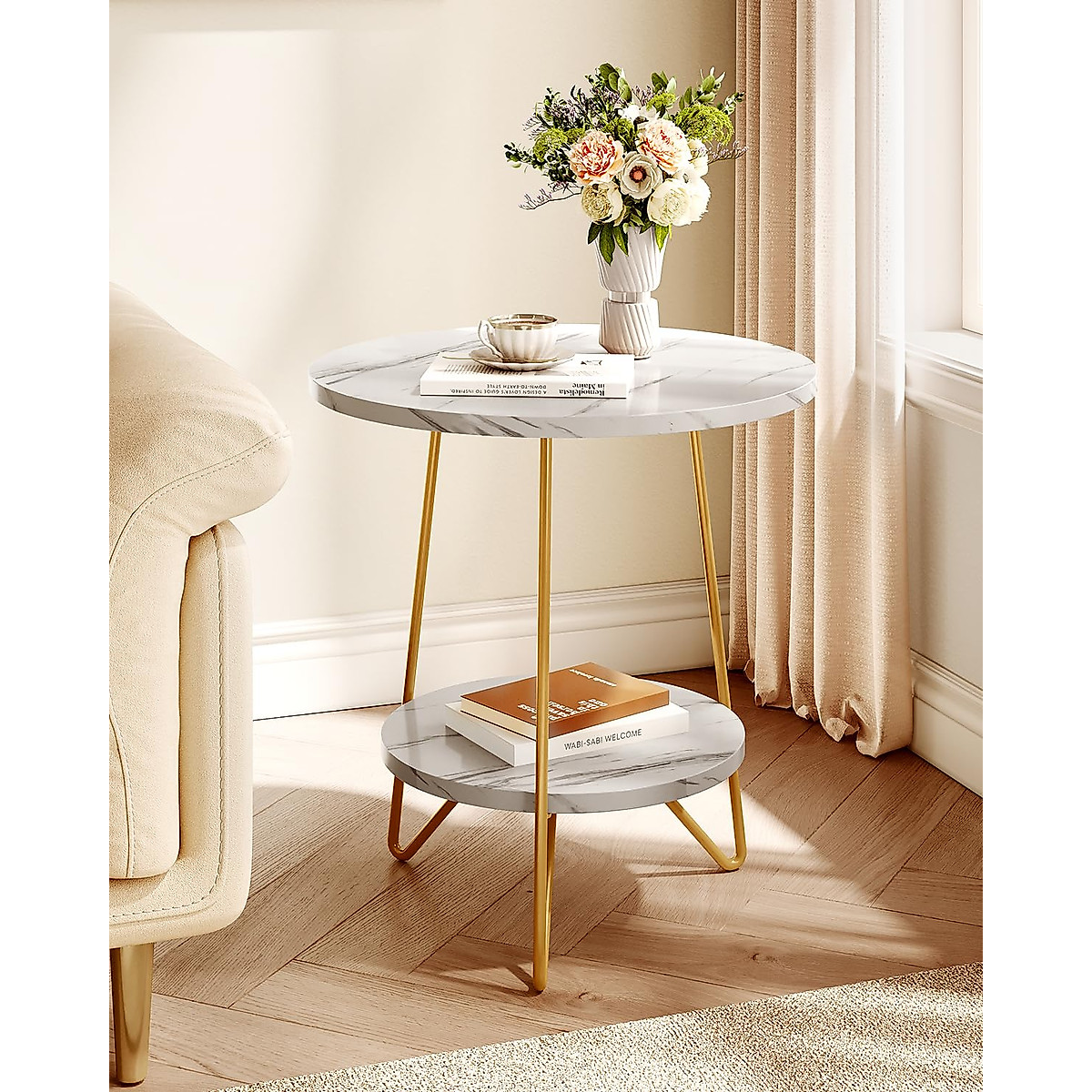 LITTLE TREE 2 Tier Faux Marble End Table Round Side Table with Shelves Small Coffee Accent Table for Living Room, White and Gold