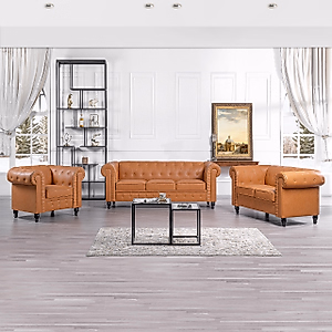 Emery Chesterfield 3 Piece Living Room Sectional Sofa Set with Rolled Arms, Tufted Cushion Sofas for Living Room Set Includes Sofa, Loveseat Couch, Accent Arm Chair / Easy Tool-Free Assembly – Caramel