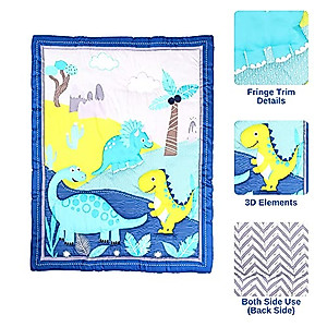 Baby Bees 4 Pieces Cartoon Dinosaurs Crib Bedding Sets for Boys and Girls | Baby Bedding Crib Set of Crib Fitted Sheet, Quilt, Dust Ruffle & Pillow Cover for Standard Size Crib,Blue