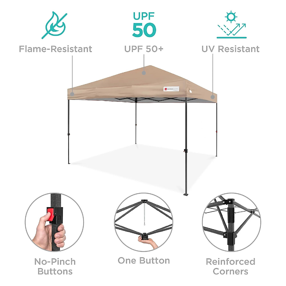 Best Choice Products 10x10ft 1-Person Setup Pop Up Canopy Tent Instant Portable Shelter w/ 1-Button Push, Case, 4 Weight Bags - Tan