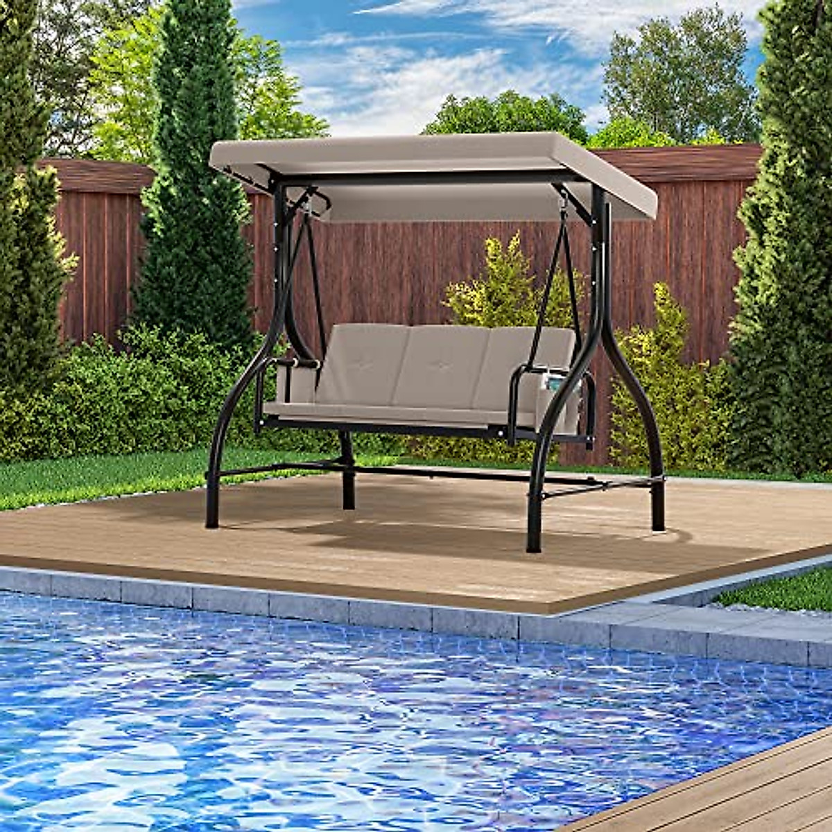 YITAHOME Outdoor Porch Swing, 3 Person Patio Swing Chair with Adjustable Canopy, Removable Cushion,Suitable for Garden, Poolside, Balcony-Beige & Grey