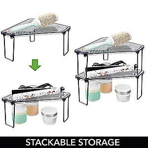 mDesign Plastic/Steel Corner Stackable Rack, Storage Organizer Shelf for Bathroom, Vanity, Countertop, Sink, Cabinet, Holds Makeup, Shower Accessories, Ligne Collection - 2 Pack - Black/Smoke Gray