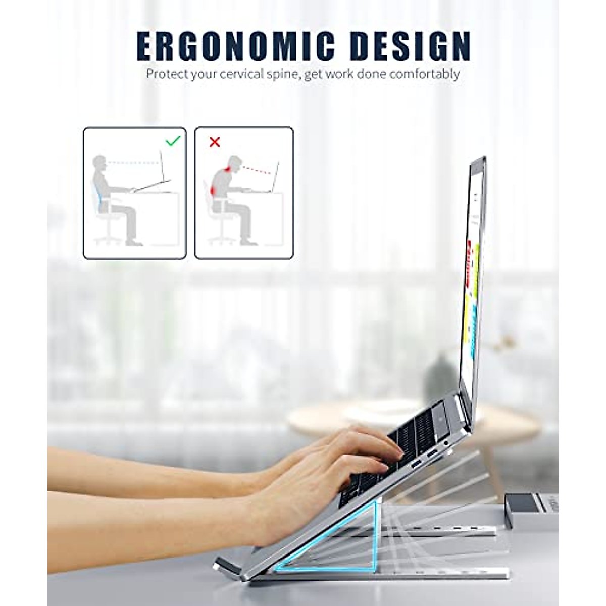 Rrtizan Foldable Laptop Stand for Desk, Ergonomic Computer Stand Adjustable Height Portable Aluminum Notebook Riser Holder, Compatible with MacBook Pro, Air, 9-15.6” Laptops and Tablets (Silver)