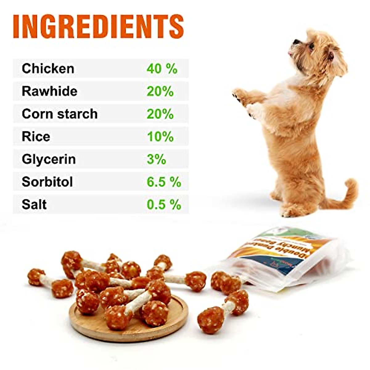 MON2SUN Dog Treats, 16oz Mini Rawhide Dog Chews, Chicken Dumbbells with Rice for Small Dogs & Toy Breed, Promotes Dental Health (2.5 Inch 30 Count)