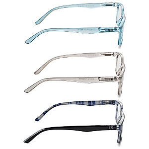 Rae Dunn "LOU Premium Reading Glasses - 3 Pack w/READ Signature Font (Crystal Dusty Blue/Crystal Cool Grey/Cobalt Stripe, +2.0)