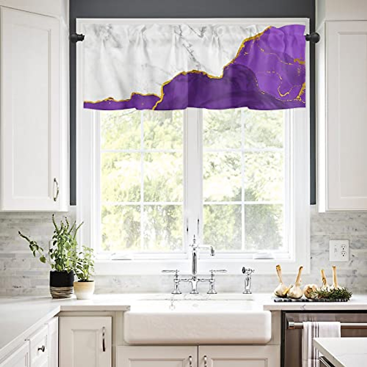 COLCE Valances for Windows Wild Marble Pattern Gold Purple White Ombre Curtain Valance for Kitchen Basement Window Curtain Decorative Rod Pocket Short Winow Valance Curtains 54" W x 18" L