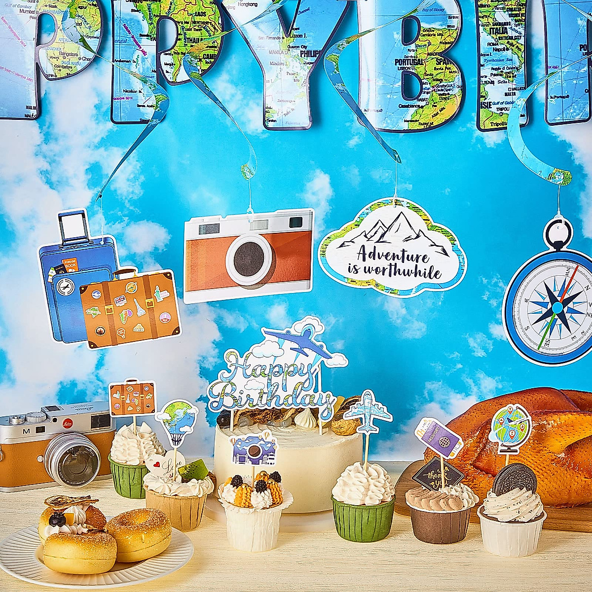 Zonon 38 Pieces Travel Theme Birthday Party Decorations The Place You'll Go Birthday Banner Let The Adventure Begin Hanging Swirls Bon Voyage Cake Toppers for Birthday Baby Shower Party Supplies