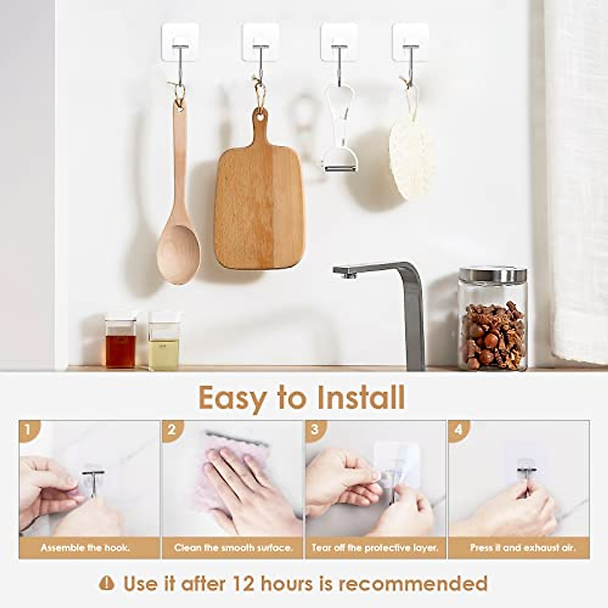 MUSICATE Large Adhesive Hooks, Transparent Self Adhesive Wall Hooks Heavy Duty 22 LB Waterproof Sticky Hooks Reusable Seamless Hooks Utility Hooks for Bathroom Kitchen Ceiling Office 10 Packs