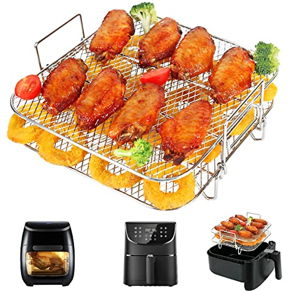 BYKITCHEN Square Air Fryer Rack for Cosori, Instant Vortex, Nuwave Air Fryer, 2pcs 8 inch Stackable Multi-Layer Stainless Steel Dehydrator Rack, Ninja Foodi Grill Square Air Fryer Accessories