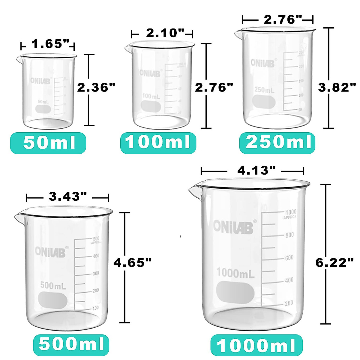 ONiLAB Glass Measuring Beaker Set 50ml 100ml 250ml 500ml 1000ml(Pack of 5) 3.3 Boro Griffin Low Form with Printed Graduation Scientific Glassware for Laboratories, Classrooms or Home Use