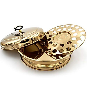 Communion Tray | Stackable | Base, Disk with Bread Plate Integrated and Cover | Stainless Steel | Brass Tone | Capacity for 33 Cups