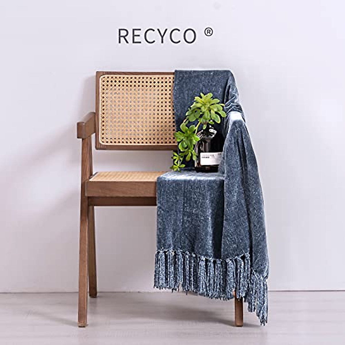 RECYCO Throw Blanket Soft Cozy Chenille Throw Blanket with Fringe Tassel for Couch Sofa Chair Bed Living Room Gift (Dusty Blue, 50'' x 60'')