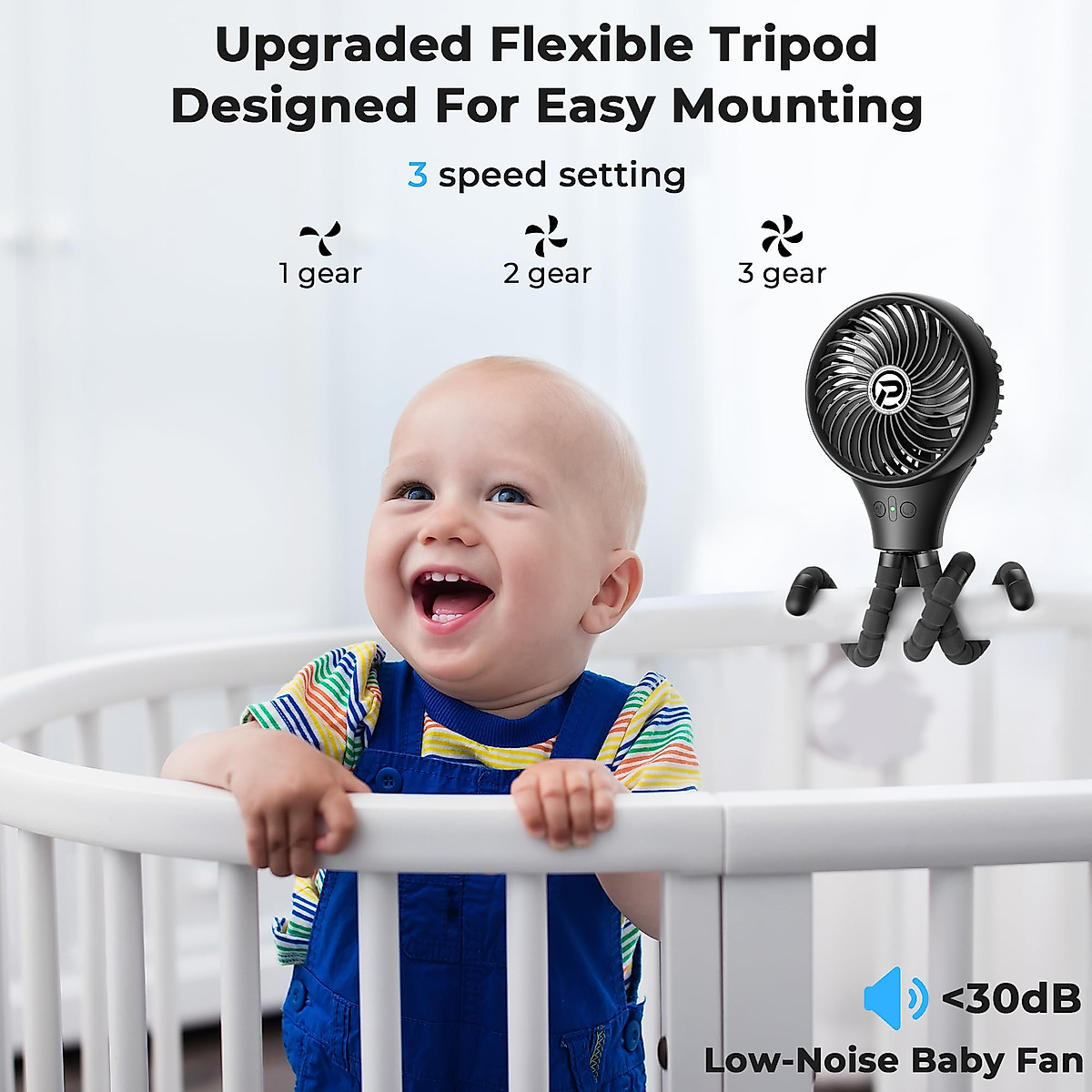 PANERGY Portable Stroller Fan, Rechargeable Battery Powered Oscillating Fan, Baby Fan with 3 Powerful & Quiet Speeds, 90° Oscillation, Flexible Tripod for Stroller, Car, Seat, Crib, Travel