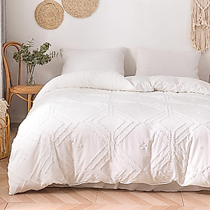 Slumber Dream White Duvet Cover Tufted Queen Size Bedding Cover Sets 2 Pieces Women White Tufted Boho Comforter Cover Set Soft and Embroidery Shabby Chic Tufts Bedding Cover Sets for All Seasons