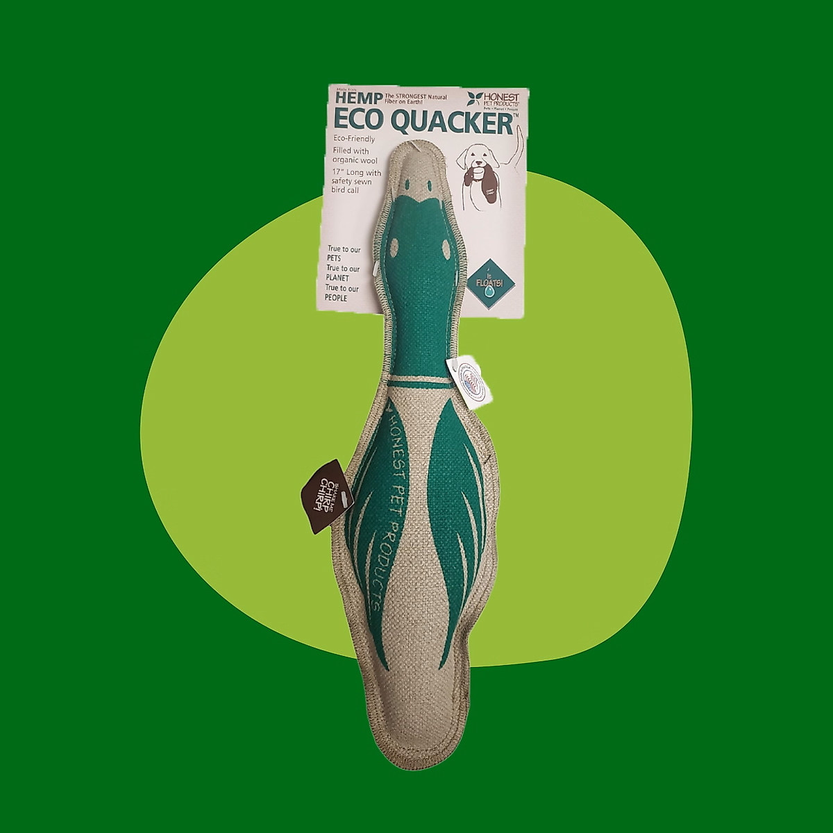 Honest Pet Eco-Quacker Duck Dog Toy - Durable, Floating, Squeaky Fetch Toy - 100% Natural Hemp Canvas & Wool, Lead-Free Ink - Large 23" x 6" x 2.5" Eco-Friendly Dog Toy