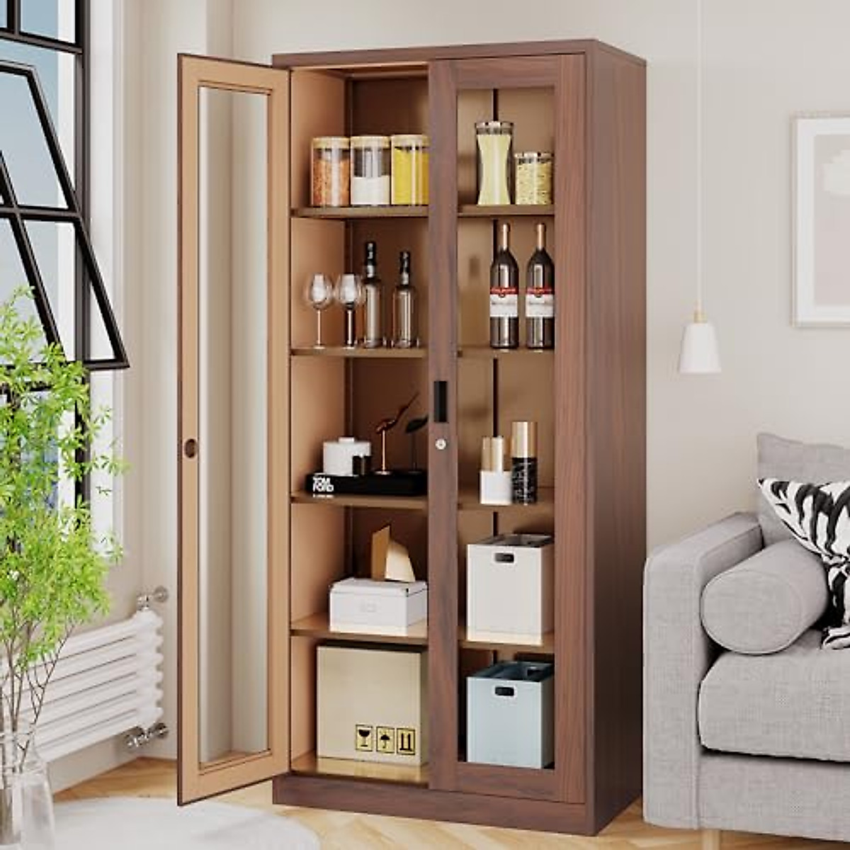 AFAIF 71" Tall Metal Storage Cabinet with Glass Door & 4 Adjustable Shelves, Freestanding Bookshelf for Home Office, Living Room, Pantry