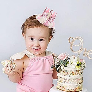 Kbrand Hat First Birthday 1st For Baby Girl Decoration Gifts Rose Gold Baby Pink Party Crown One Year Old Flowers Princess Pink 3inch