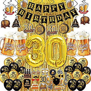 30th birthday decorations for him men - (60pcs) black gold party Banner, 40 Inch Gold Number Balloons,30th Sign Latex Balloon,Fringe Curtains and cheers to you Foil Balloons,Hanging Swirl,photo props