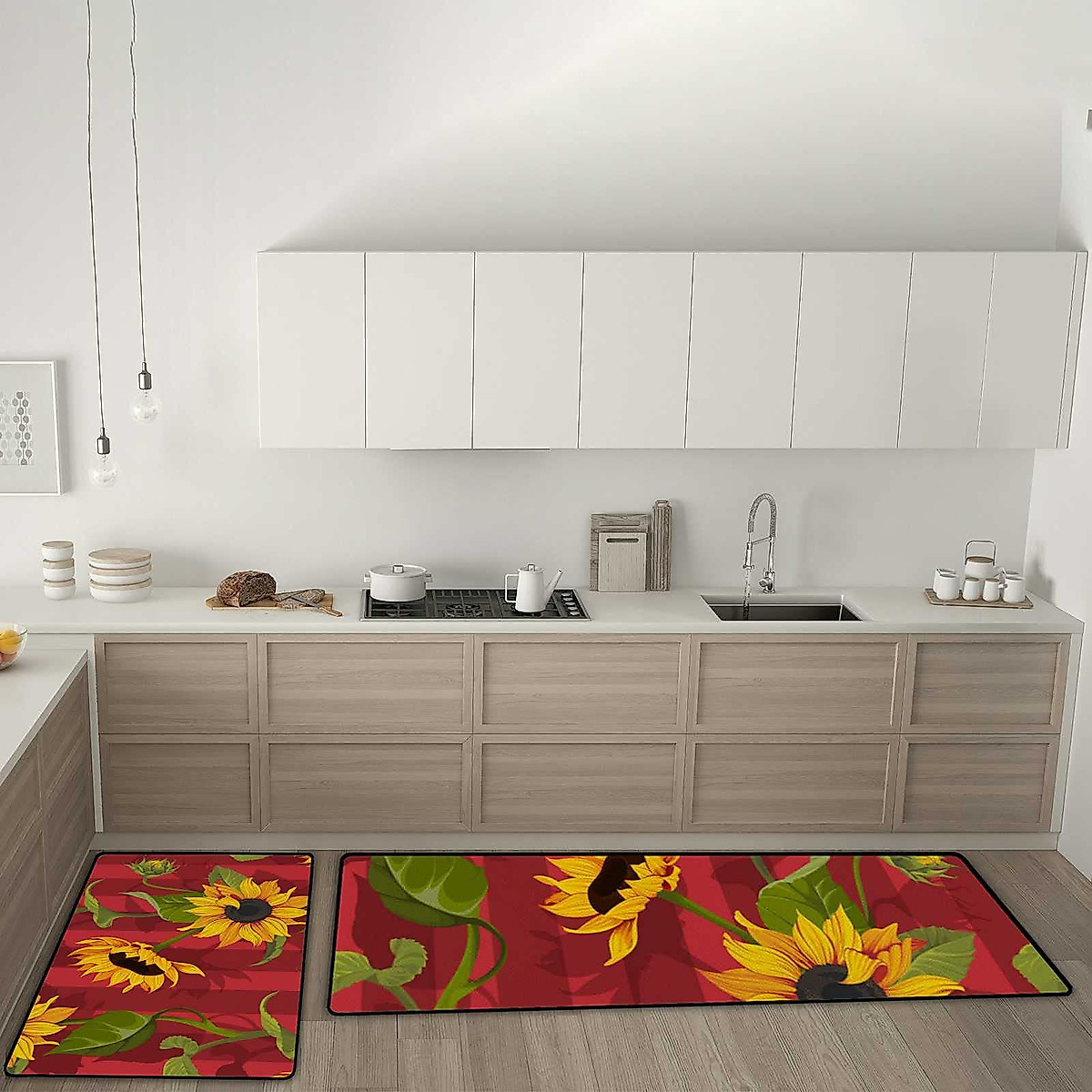 Kitchen Rug Sets 2 Piece Anti Fatigue Kitchen Mat Sunflowers Red Stripe Floor Runner Carpet Dining Room Washable Non Slip Home Sink Laundry Farmhouse Doormat 17"x58" +17"x29"