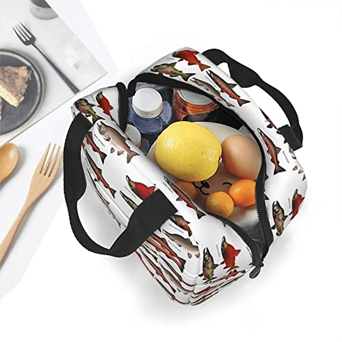 ASEELO Salmon Print Insulated Lunch Box Bag Portable Aluminum Foil Thickened Lunch Bag With Rice Tote Bag