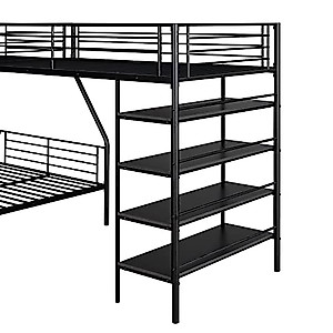 Twin Over Full Bunk Bed and Twin Size Loft Bed with Four Built-in Shelves, Metal L-Shaped Bunk Bed Frame with Guardrails and Ladders, Corner Beds for Kids Teens Boys Girls Bedroom Furniture (Black-L1)