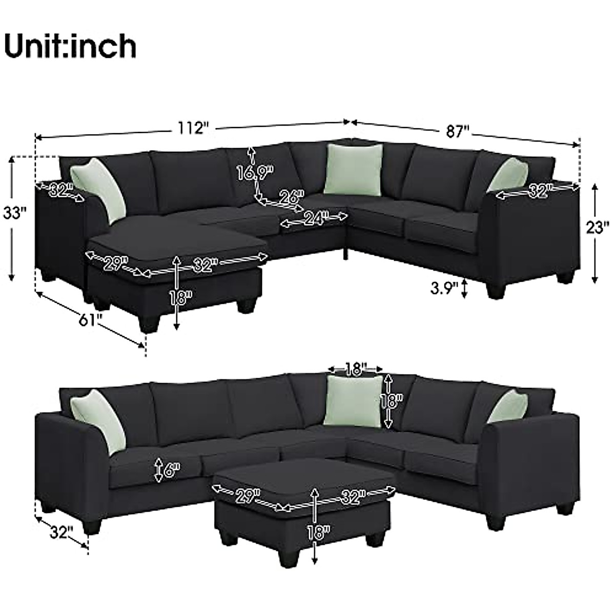 P PURLOVE Modern Large Sectional Sofa, L Shape Fabric Sofa Corner Couch Set with Ottoman and 3 Pillows, Extra Wide Chaise Lounge Couch for Living Room Apartment, Black