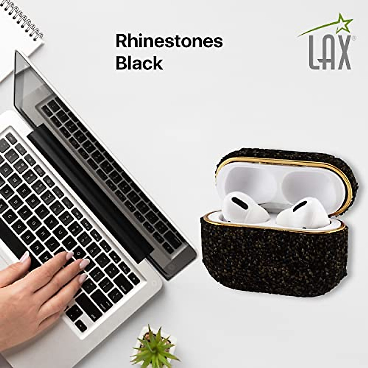 LAX Gadgets AirPods Pro Case Cover - Protective Compatible with Apple AirPod Pro - Lightweight Case with Carabiner Key Ring  Easy to Use - Rhinestones Black