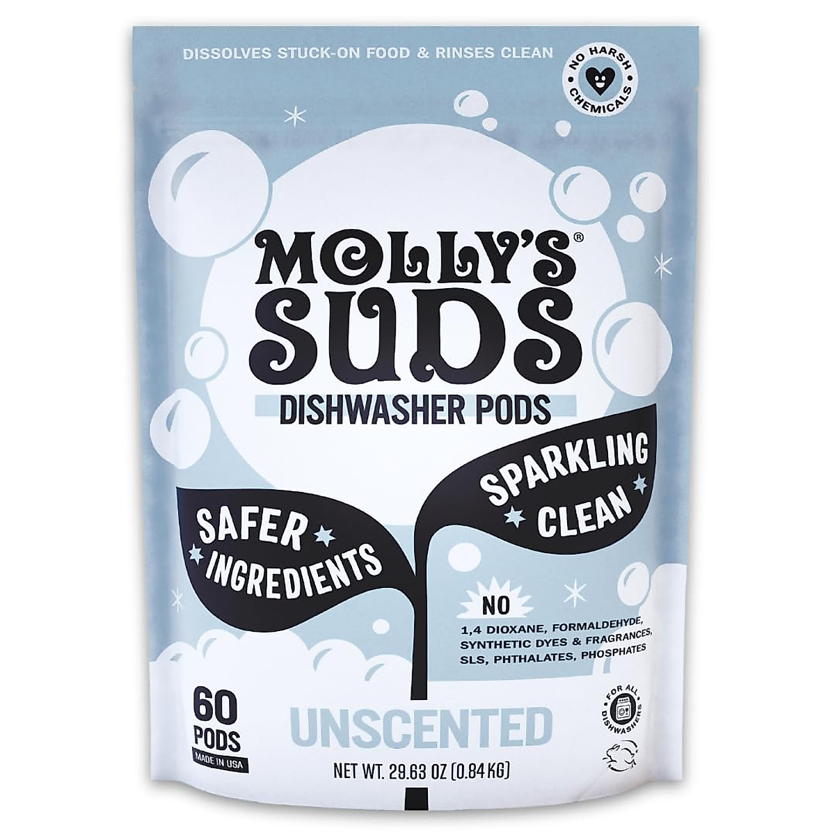 Molly's Suds Dishwasher Pods | Clean Dishwasher Detergent, Cuts Grease & Rinses Clean (Residue-Free) for Sparkling Dishes | 60 Auto-Release Tabs (Unscented)