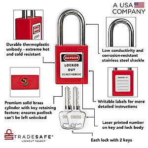 TRADESAFE Lockout Tagout Lock Sets, 10 Red Keyed Alike Safety Padlocks, 2 Keys Per Lock, OSHA Compliant Loto Locks, for Lock Out Tag Out Stations - Premium Grade