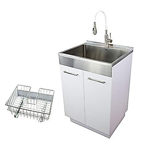 Transolid TCAB-2420-WS 24-in Laundry Cabinet Sink, Stainless Steel High Arc Faucet, and Basket, White