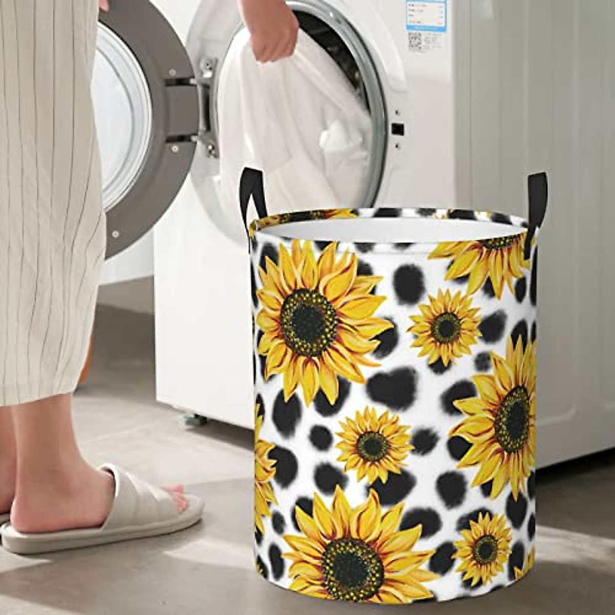 KiuLoam Sunflowers On Cow Print 19.6 Inches Large Storage Basket Collapsible Organizer Bin Laundry Hamper for Nursery Clothes Toys