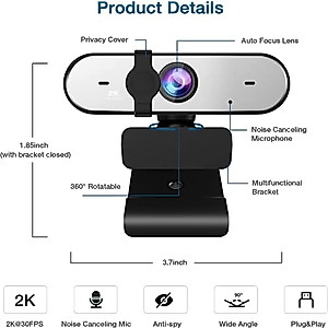 cambase with Microphone Camera for Computer,0.1 Second Auto-Focus,2K Full HD Webcams,Dual Microphone & Cover Web Camera,for YouTube/OBS/Facebook/Gaming/Zoom/Skype/FaceTime/Teams/Twitch/Etc