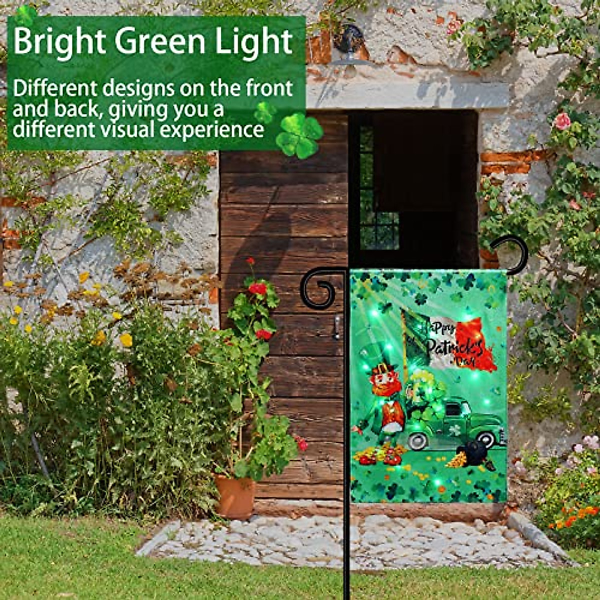 St Patricks Day Garden Flag with Lights, Irish Garden Flag Leprechaun Sat in the Irish Green Truck Flags, Shamrock Hat Flag Double Sided Yard Flags for Lawn Garden Outdoor Decorations (12 x 18 Inch)