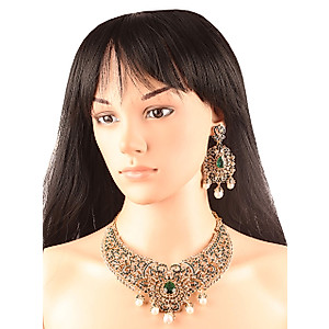 Touchstone New Indian Bollywood Desire Traditional Filigree Faux Green Emerald Color Exclusive Grand Bridal Jewelry Necklace Set in Antique Gold Tone for Women