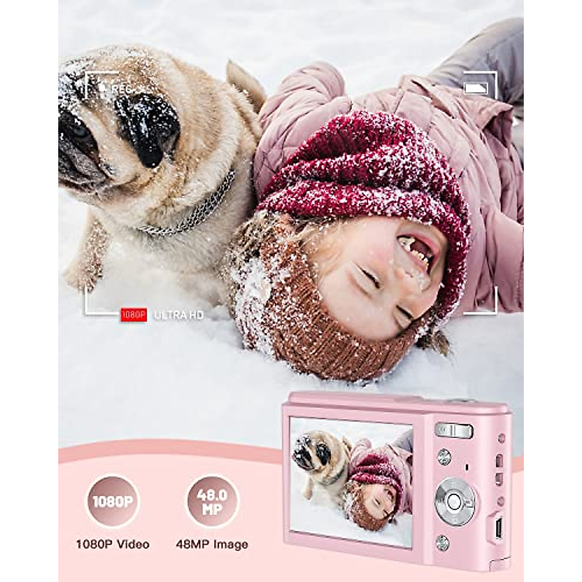 Digital Camera, Zostuic 48MP Autofocus Kids Camera with 32GB Card 1080P Video Camera with 16X Zoom, Compact Portable Small Cameras Christmas Birthday Gift for Children Kid Teen Student Girl Boy(Pink)